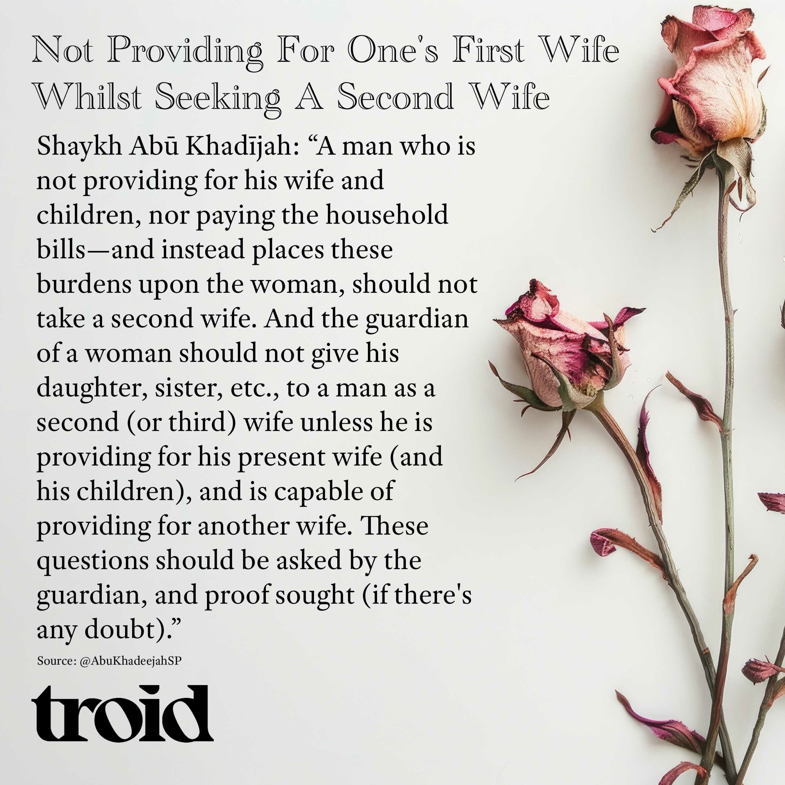 Not Providing For One's First Wife Whilst Seeking A Second Wife - troid ...